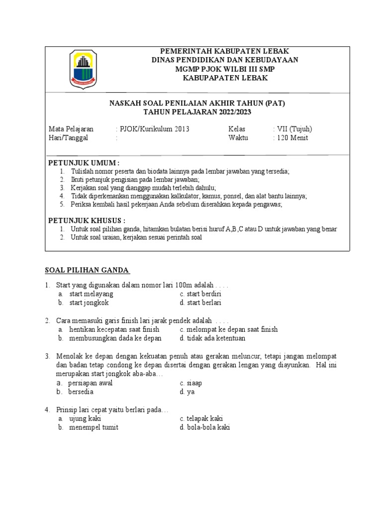 Soal PAS 1 Ganjil PJOK Kls 7 Semester1 2020 | PDF