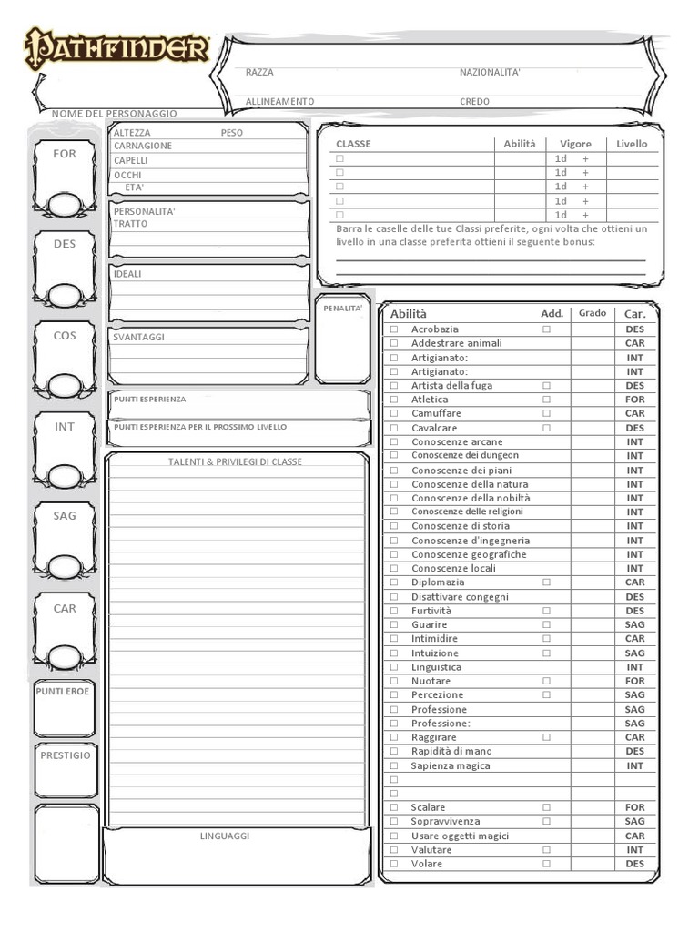 Pathfinder - Scheda Del Personaggio | PDF