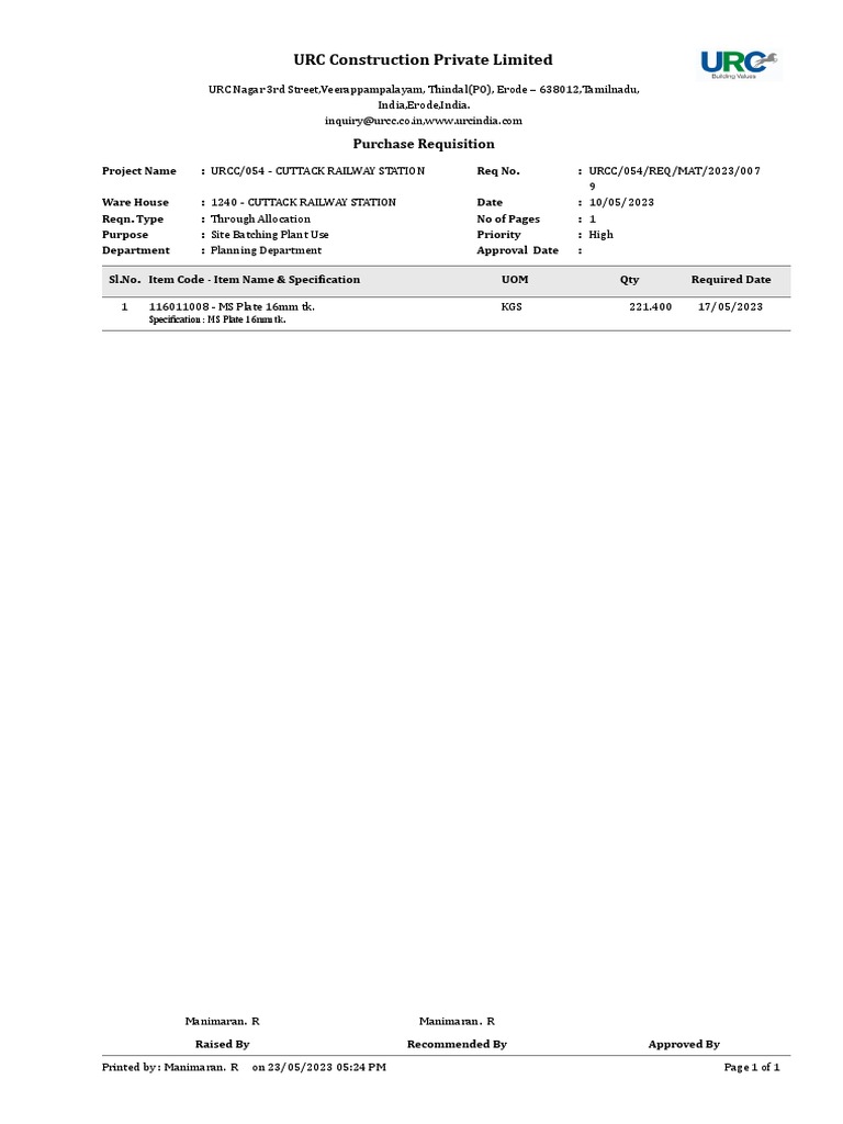 URC Construction Private Limited: Purchase Requisition | PDF