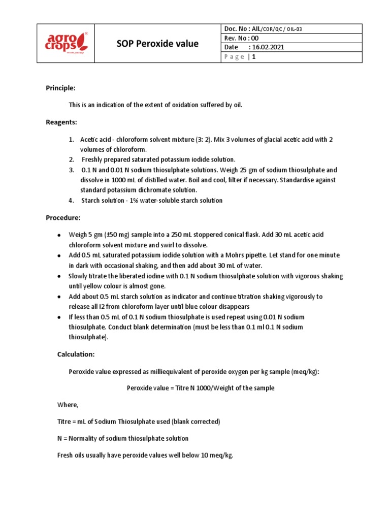 Peroxide Value SOP | PDF | Titration | Chemistry