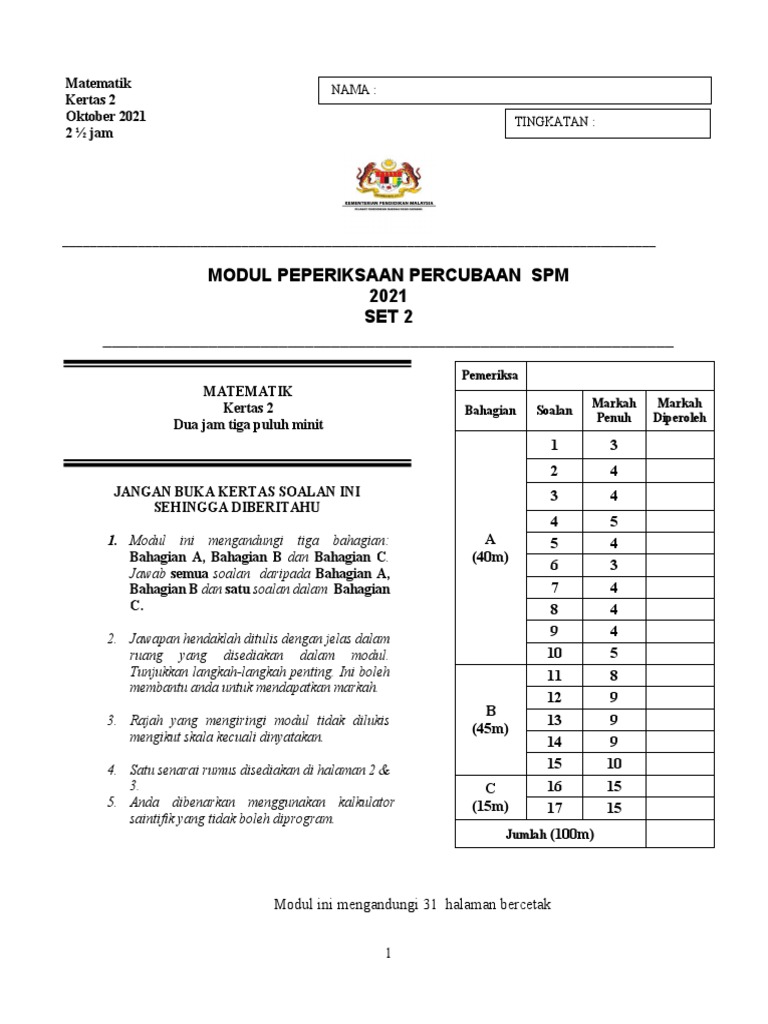 K2 Soalan Trial Johor Set 2 Spm 2021 Pdf