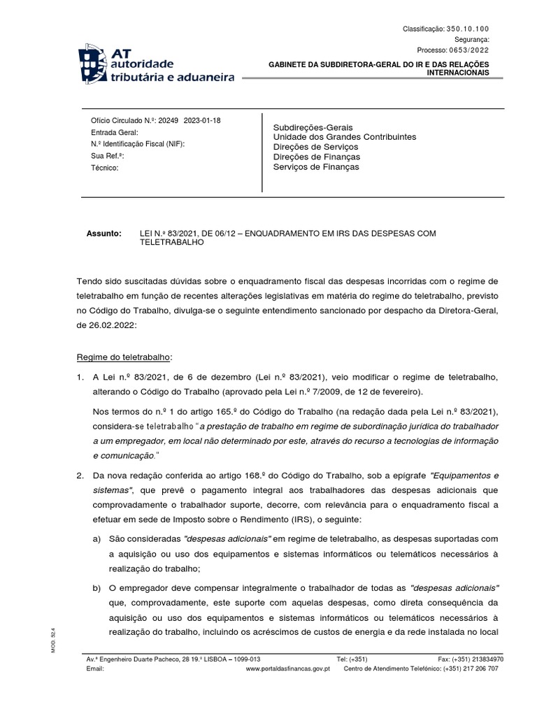 Oficio Circulado 20249 2023 Teletrabalho | PDF | Impostos | Economias