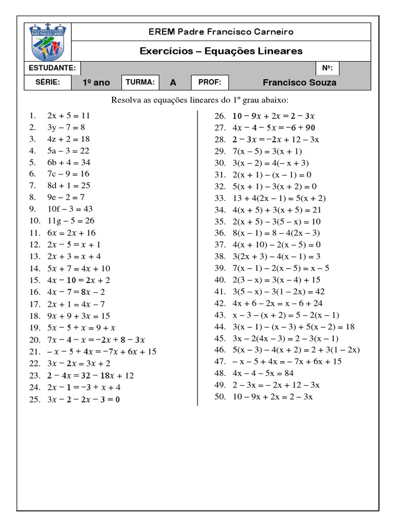 Exercícios - Equações Lineares Do 1º Grau - 1º Ano A (Folha Dupla) | PDF