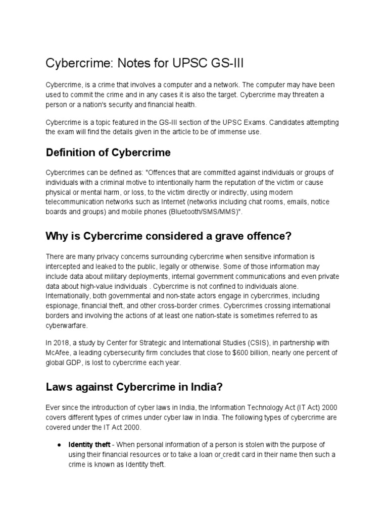 Cybercrime - Notes For UPSC GS III | PDF | Cybercrime | Security
