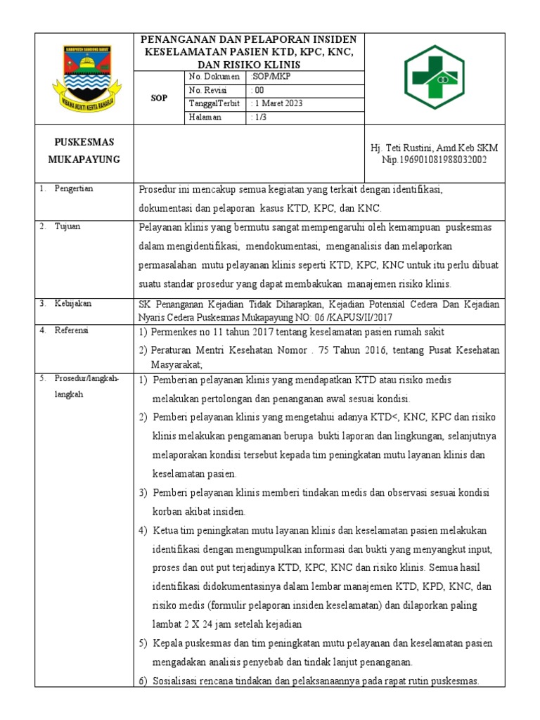 9.1.1.6 Sop Penanganan Dan Pelaporan KTD, KPC, KNC, Dan Risiko Klinis | PDF