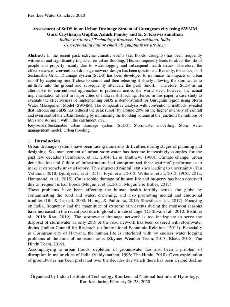 Assessment Of Suds In An Urban Drainage System Of Gurugram City Using
