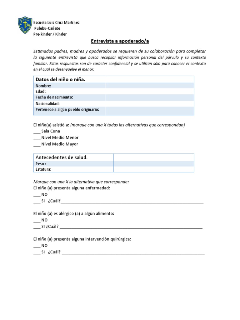 Entrevista A Apoderado NT1 NT2 2023 | PDF | Educación de la primera infancia