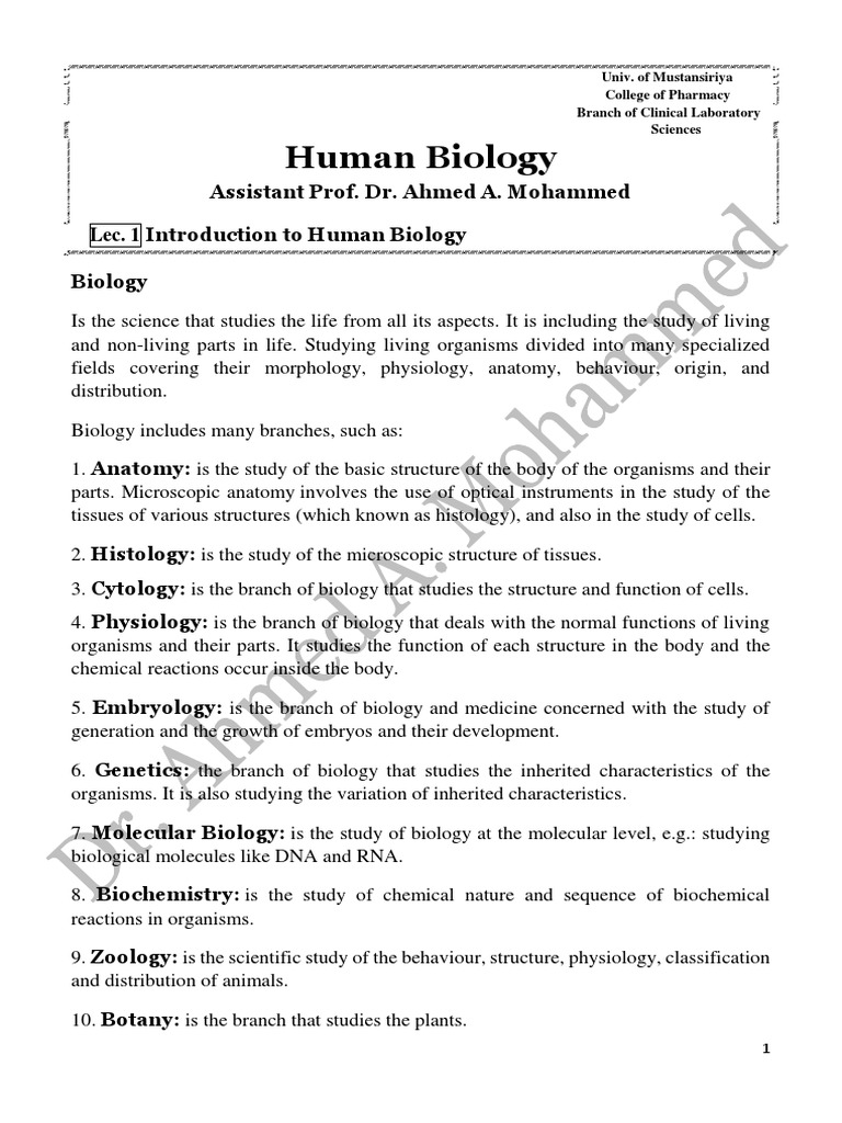 Human Biology: Assistant Prof. Dr. Ahmed A. Mohammed Lec. 1 ...