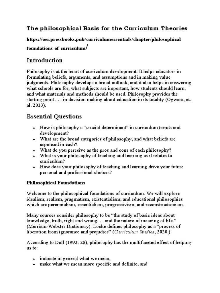 Philosophical Foundations of Curriculum | PDF | Philosophy Of Education ...