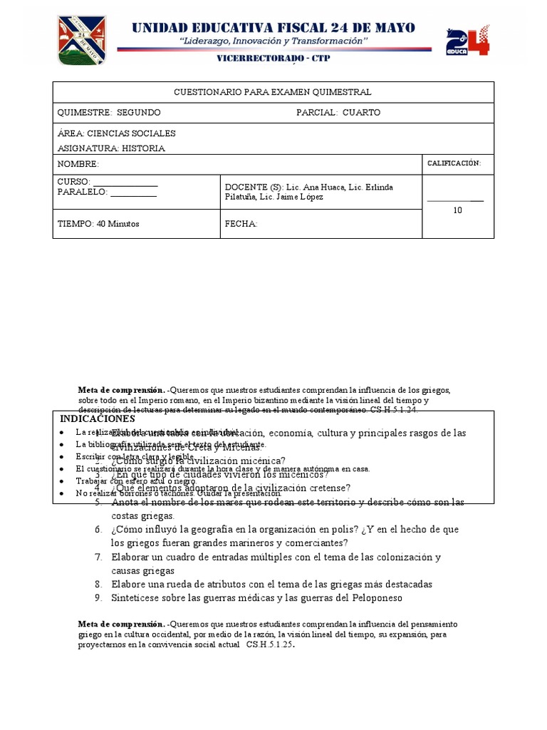 Cuestionario Historia Primero Bgu-Tec | PDF | imperio Romano | Mundo occidental