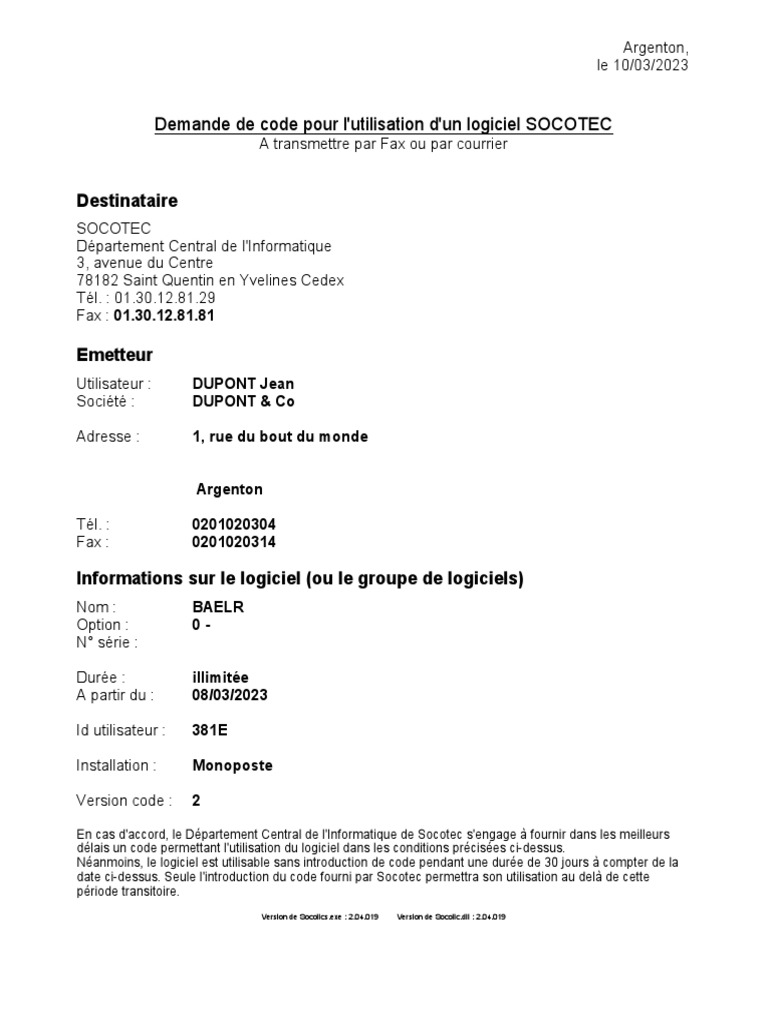 Demande de Code Pour L'utilisation D'un Logiciel SOCOTEC | PDF