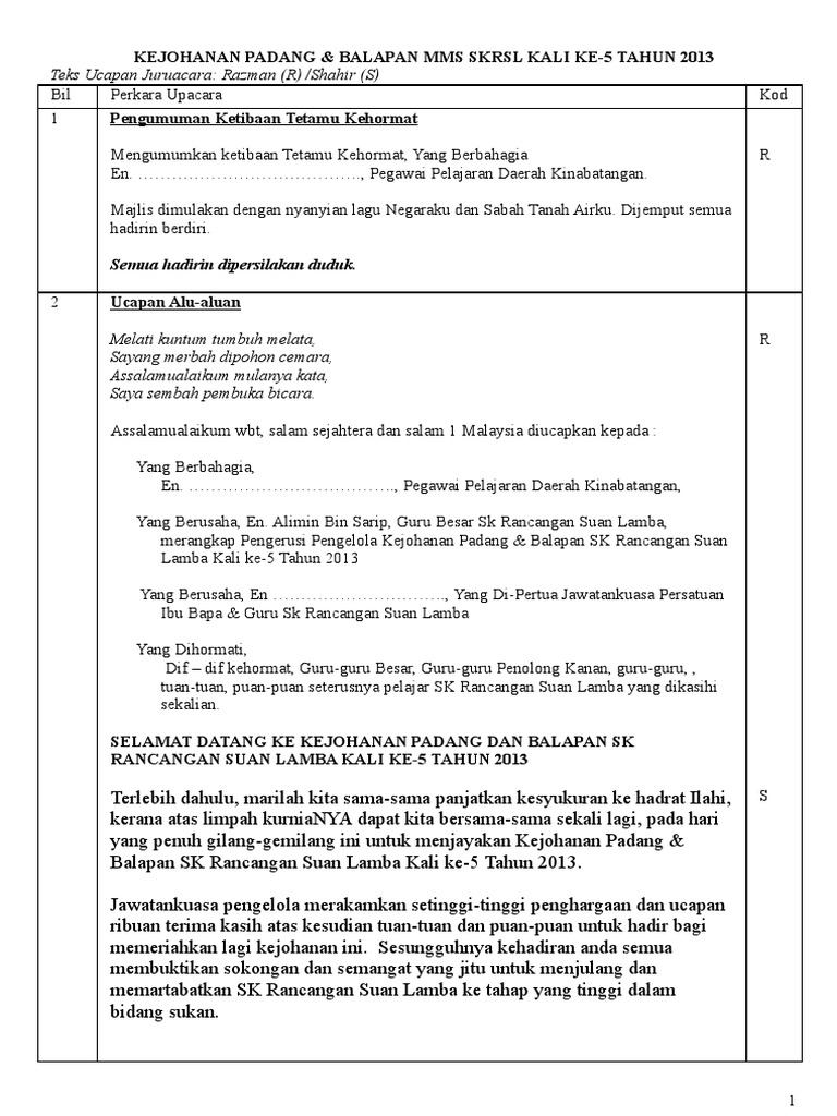 Teks MC Sukan Kali Ke-5 SKRSL 2013 | PDF