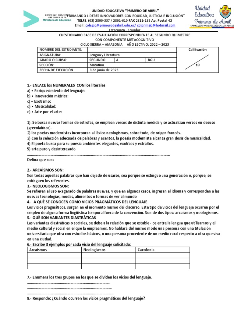 Cuestionario IIQ - 2BGU | PDF