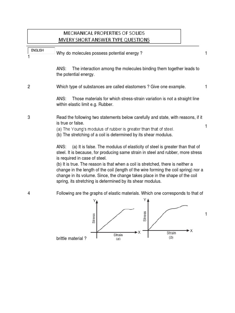 Mechanical Properties of Solids Mvery Short Answer Type Questions | PDF