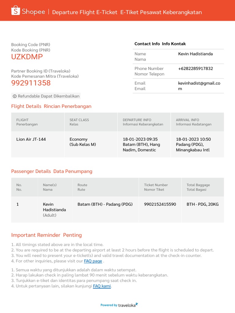 E-Tiket Pesawat Keberangkatan | PDF