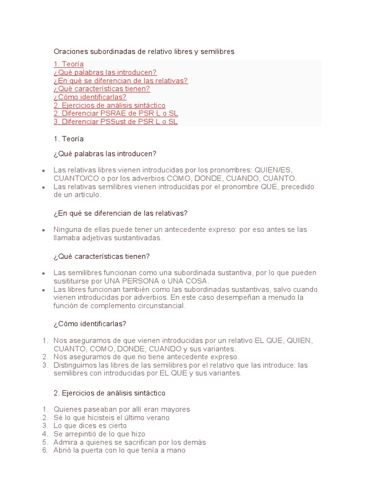 Oraciones Subordinadas de Relativo Libres y Semilibres | PDF