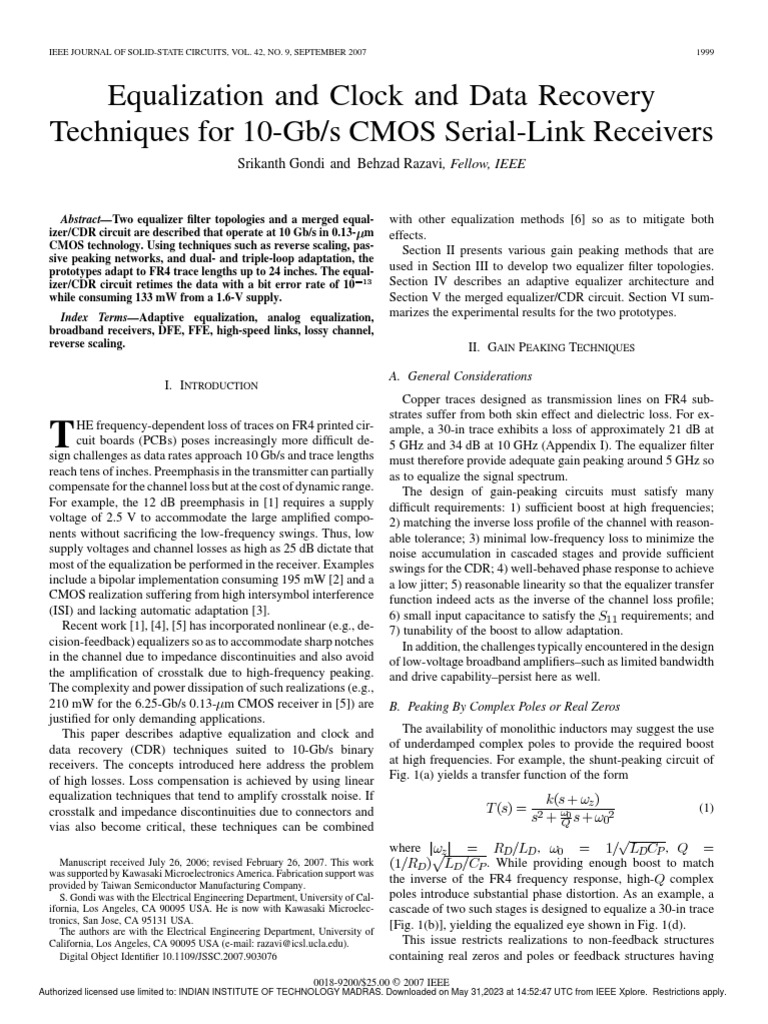 Equalization and Clock and Data Recovery Techniques For 10-Gb S CMOS ...