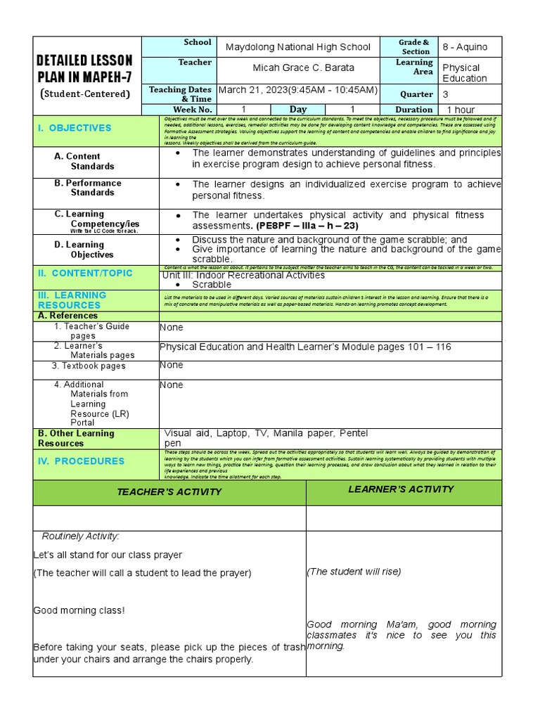 Grade 8 PE Lesson Plan: Scrabble | PDF