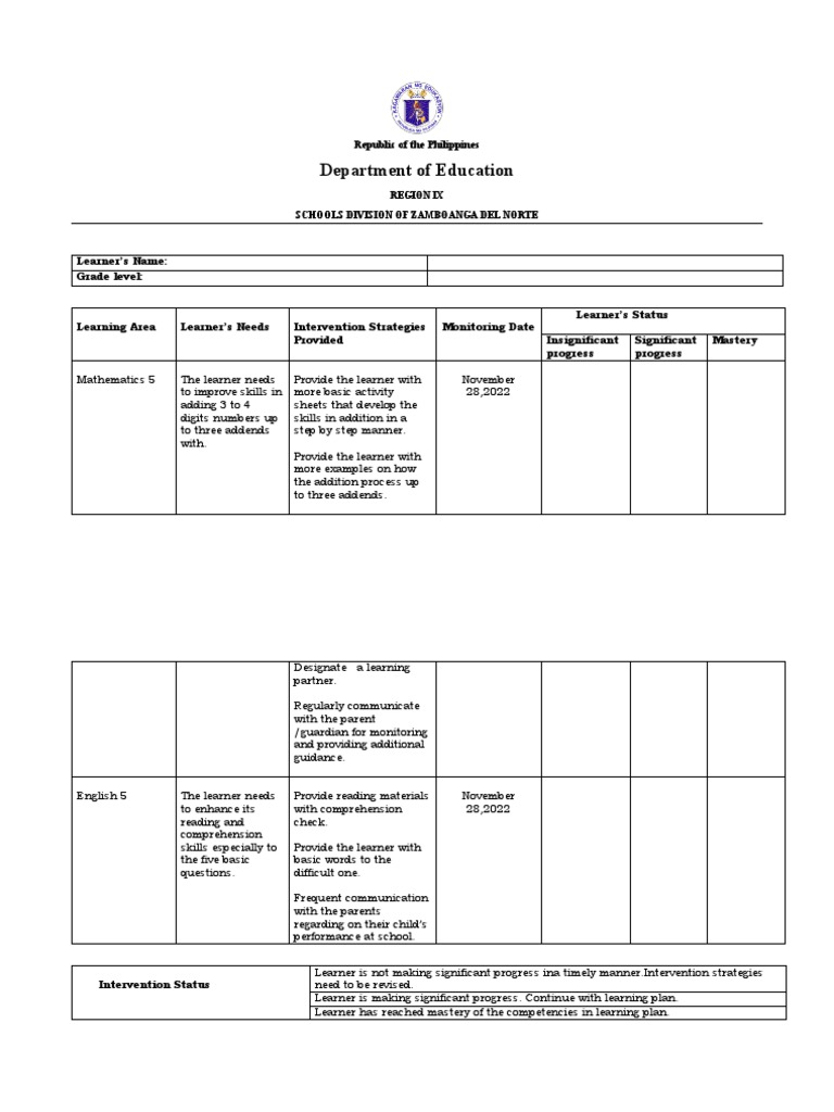 Individual Learning Plan Print Pdf Learning Reading Comprehension 