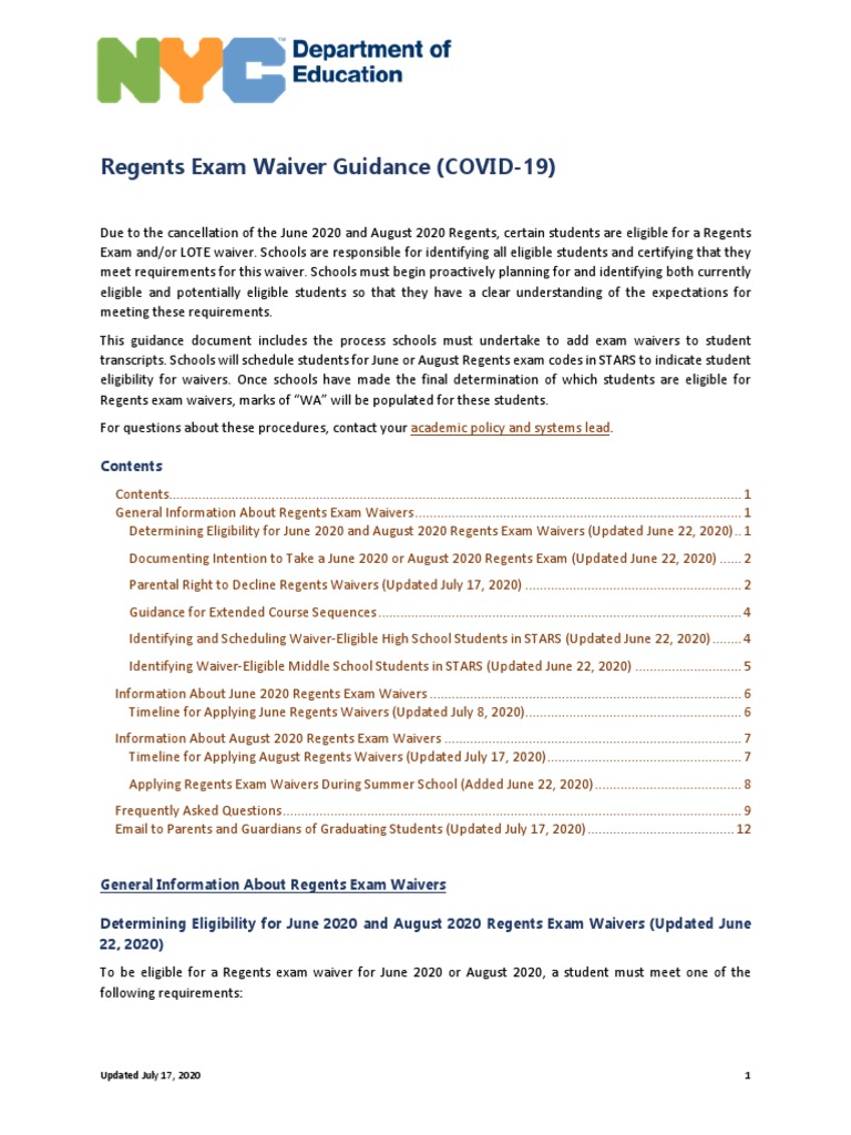 Regents Exam Waiver Guidance 2020 | PDF | Individualized Education Program