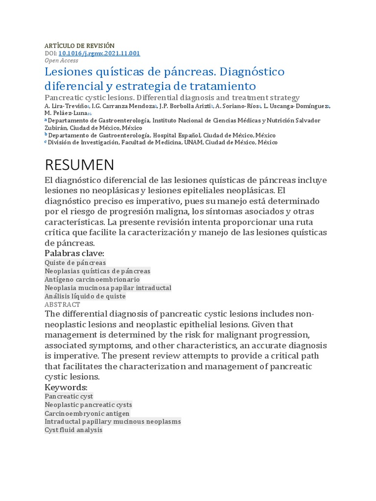 Lesiones Quísticas de Páncreas. Diagnóstico Diferencial y Estrategia de Tratamiento | PDF ...