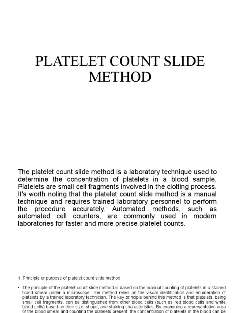 Platelet Count Slide Method | PDF | Platelet | Blood Cell