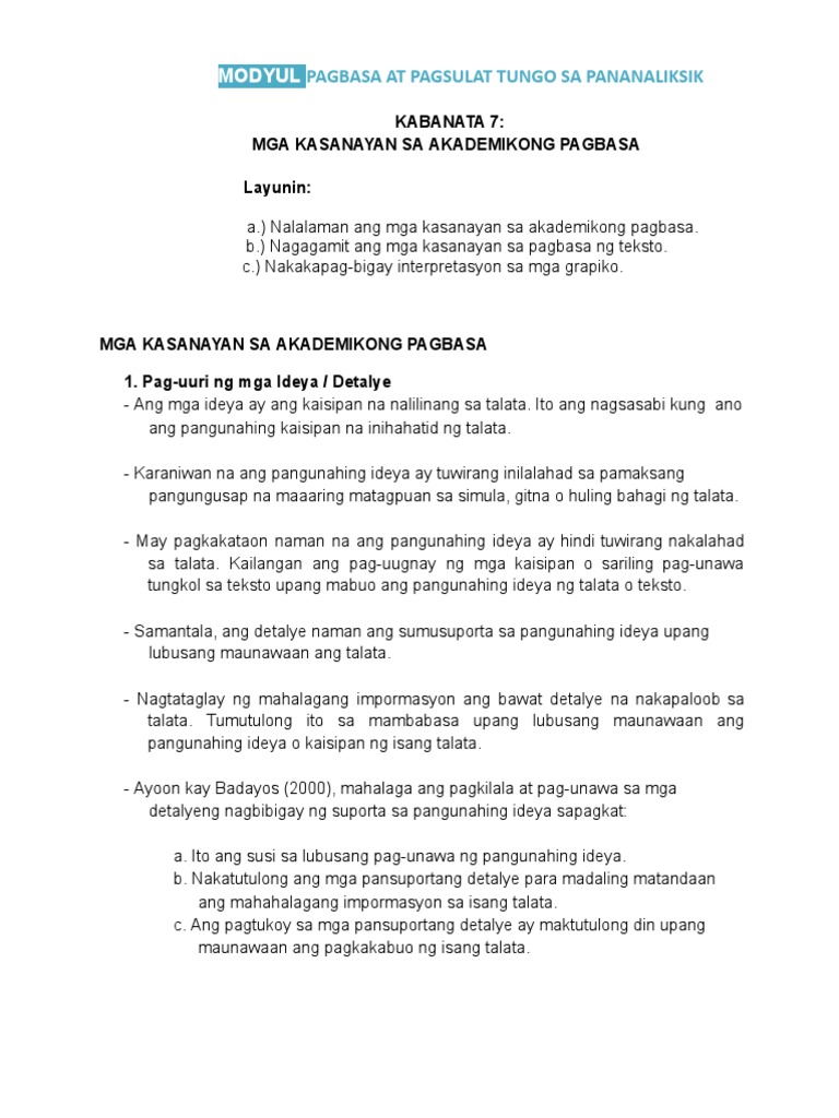 Kabanata 7 - Kasanayan Sa Akademikong Pagbasa | PDF
