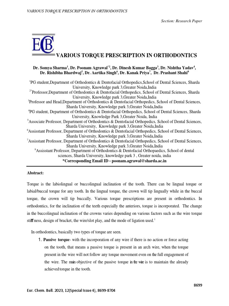 Various Torque Prescription in Orthodontics Section: Research Paper ...