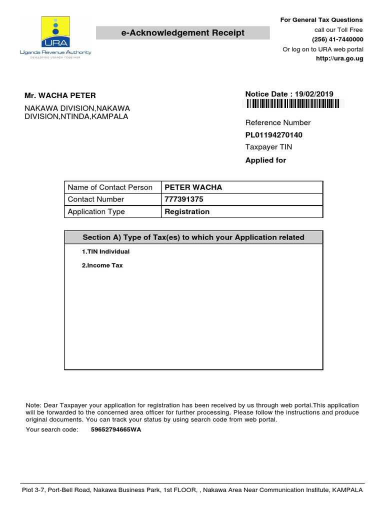 URA TIN Registration Acknowledgement | PDF