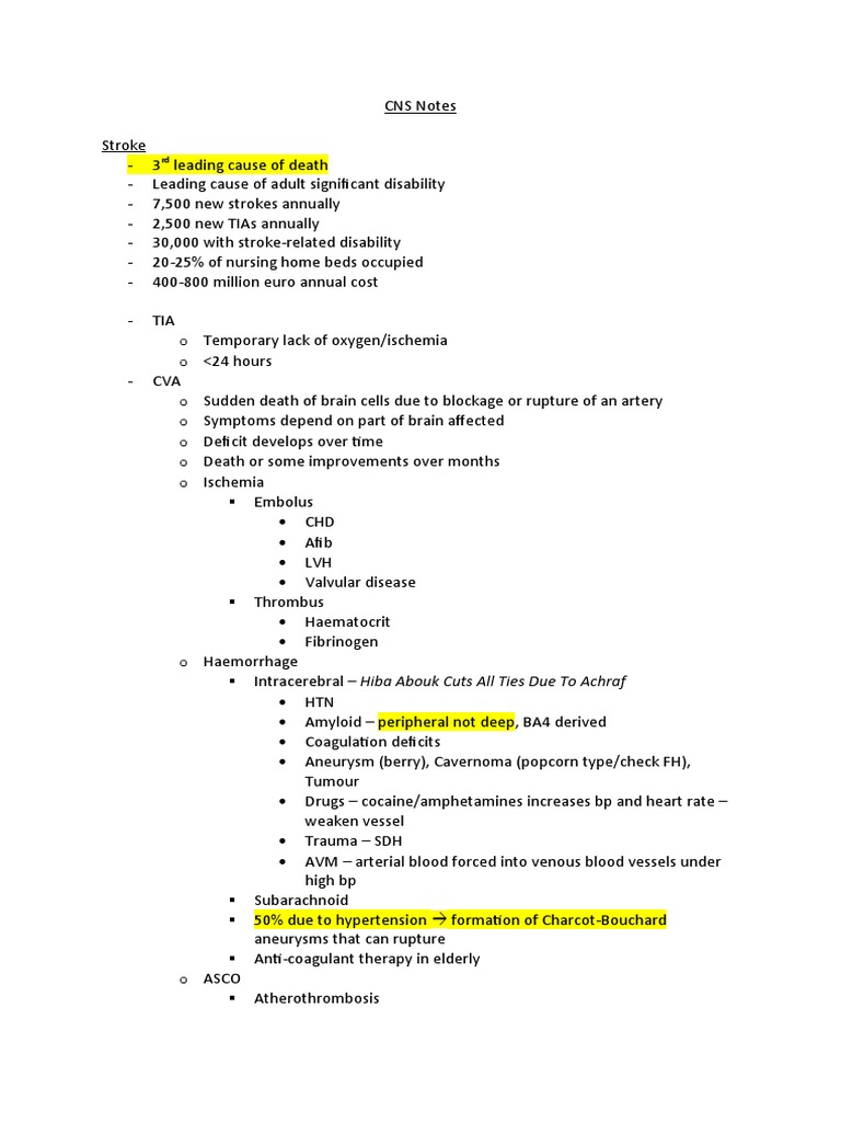 CNS Notes | PDF | Stroke | Meningitis