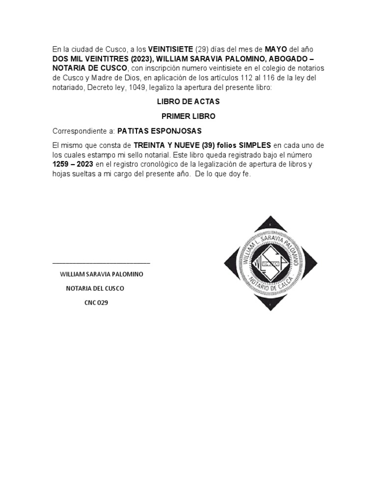 Certificacion de Libro de Actas | PDF