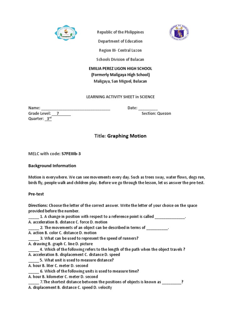 Grade 7 Activity Sheet Week 3 1 | PDF | Speed | Velocity