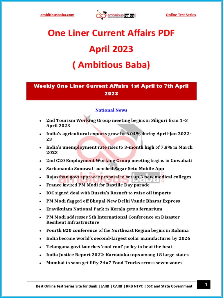 April Oneliners Current Affairs PDF Ambitious Baba | PDF