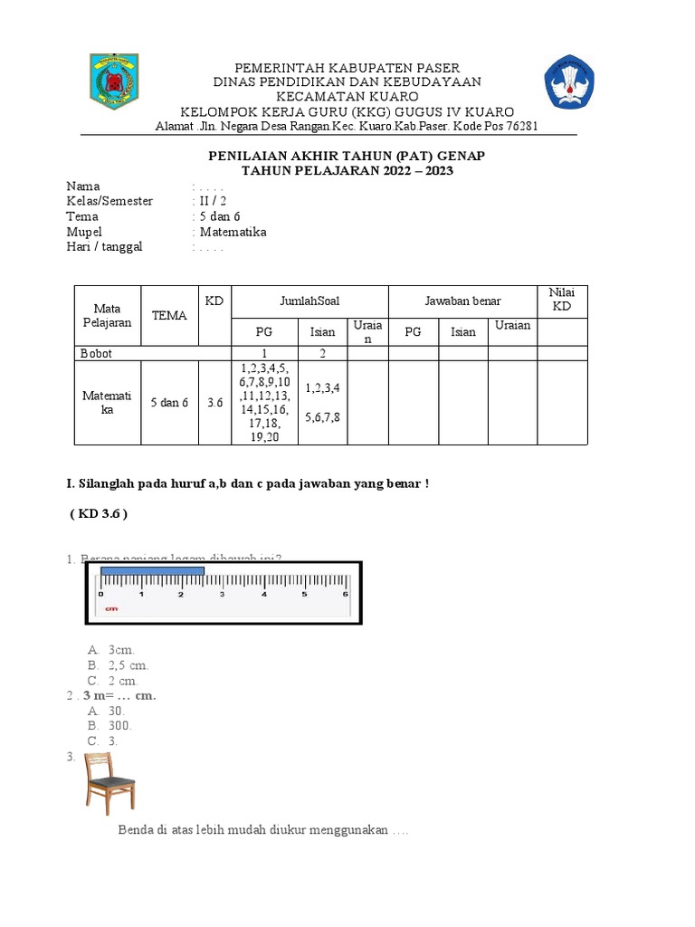Soal Pat KLS 2 Matematika Tema 5 Dan 6 | PDF