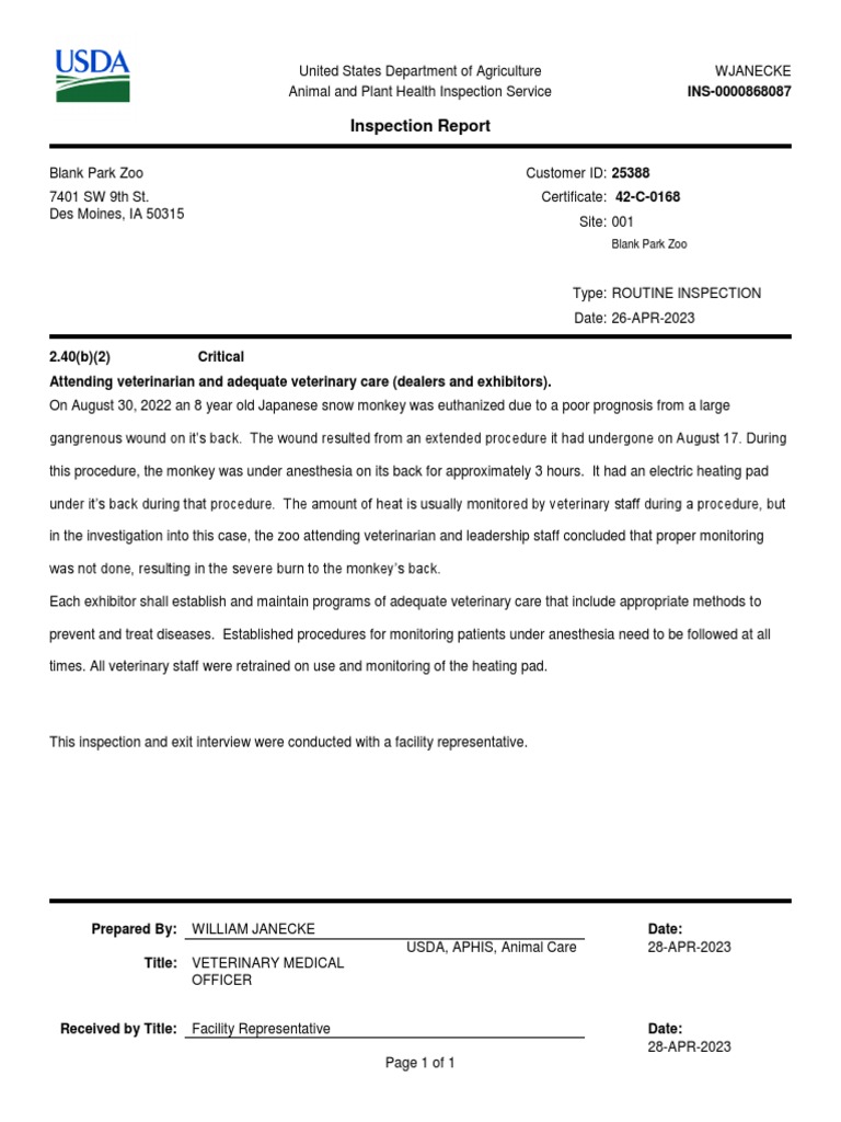 PST Inspection Report Blank Park Zoo | PDF | Veterinary Medicine