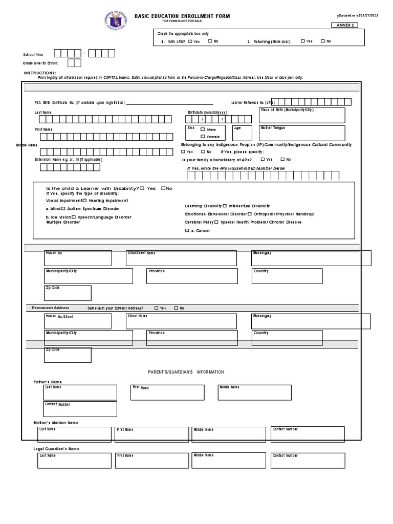 Annex Basic Education Enrollment Form | PDF | Disability | Visual Impairment
