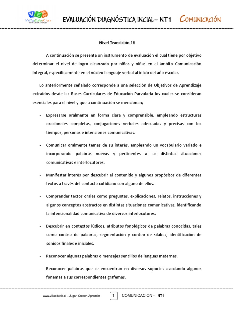 Evaluación Diagnóstica Inicial - COMUNICACION - NT1 | PDF | Comunicación | Evaluación