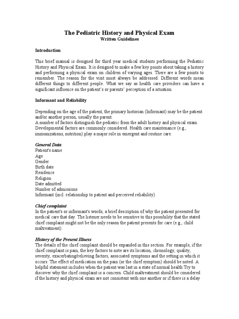 PEDIA 1 The Pediatric History and Physical Exam Handout | PDF ...