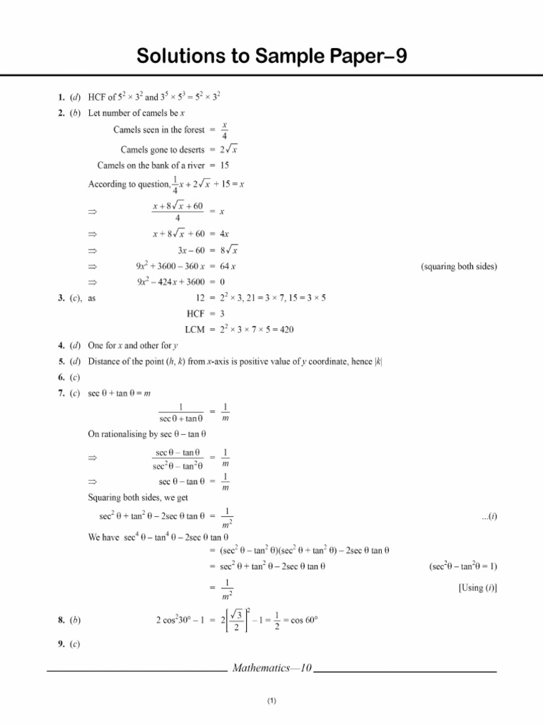 Cbse Cl10 Ead Mathematics Answers To Paper 9 | PDF