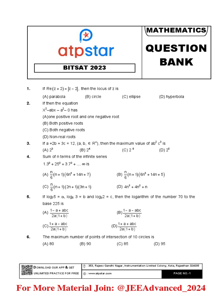 BITSAT QBank ATPstar | PDF | Mathematical Concepts | Analytic Geometry