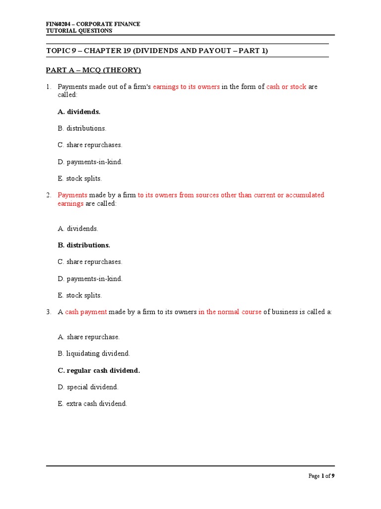 CF Tutorial 9 - Solutions | PDF | Dividend | Stocks