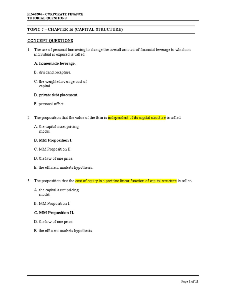 CF Tutorial 8 - Solutions Updated | PDF | Capital Structure | Cost Of ...