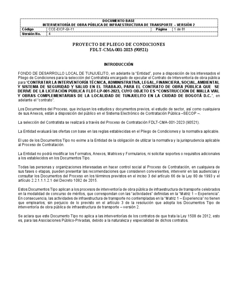 Proyecto Pliego de Condiciones FDLT-CMA-001-2023 (90521) | PDF