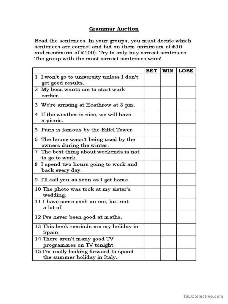 Grammar Auction Game B2 Level | PDF