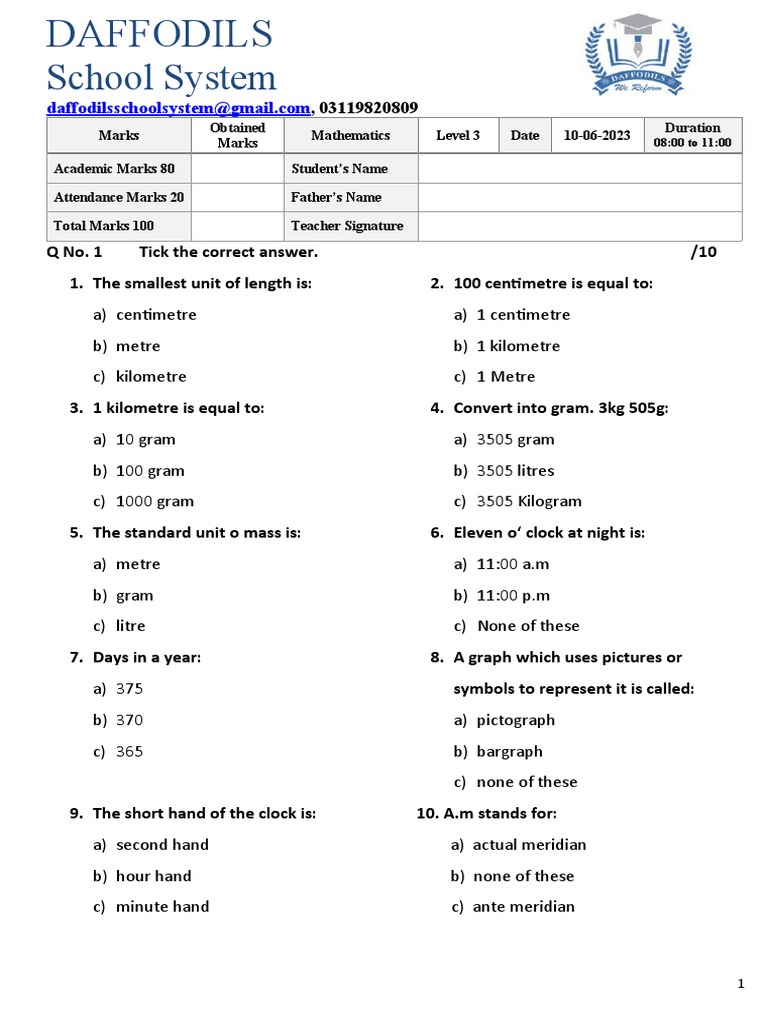 Math Level 3 (Semester 2) (Completed) | PDF | Kilogram | Litre