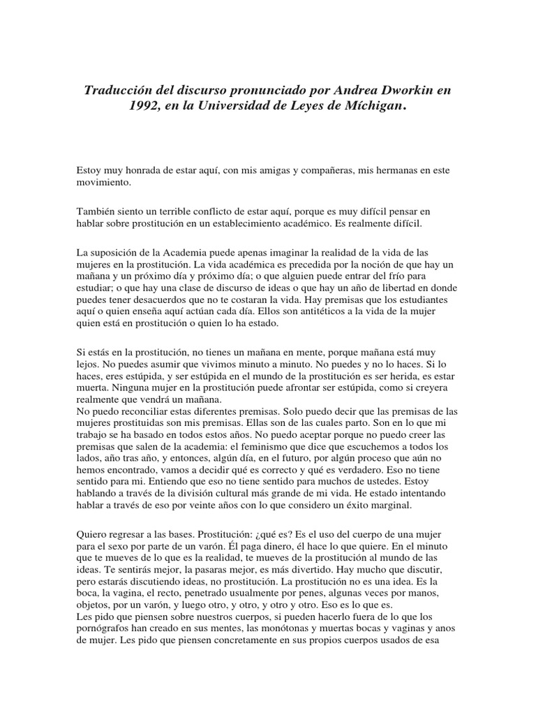 Discurso de Andrea Dworkin sobre prostitución | PDF | Prostitución | Mujer