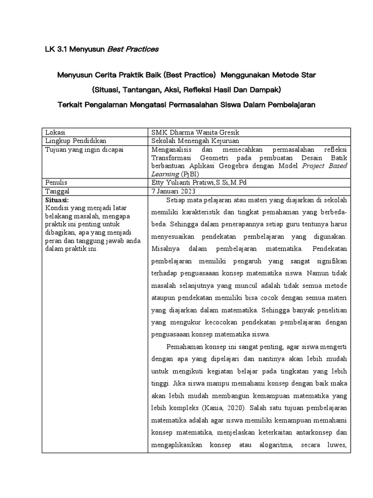 LK 3.1 Menyusun Best Practices: Learning (PJBL) | PDF