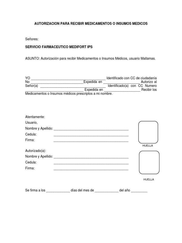 Autorizacion para Recibir Medicamentos o Insumos Medicos Poder | PDF