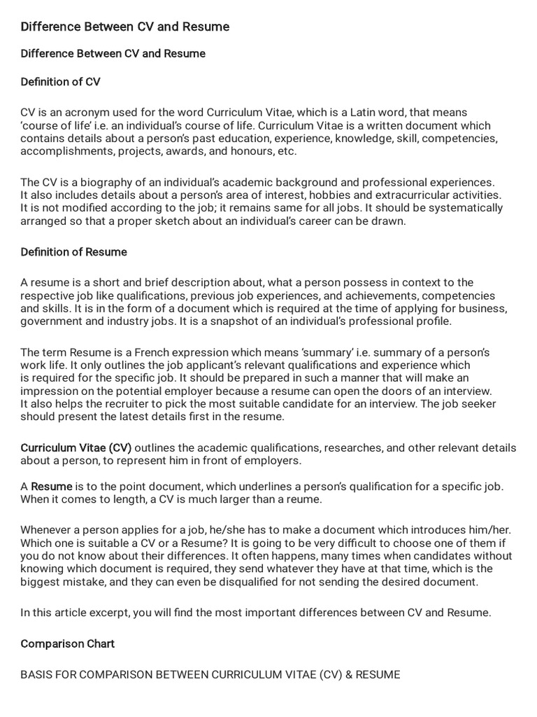 Diff BTW CV and Resume | PDF | Résumé | Cognition