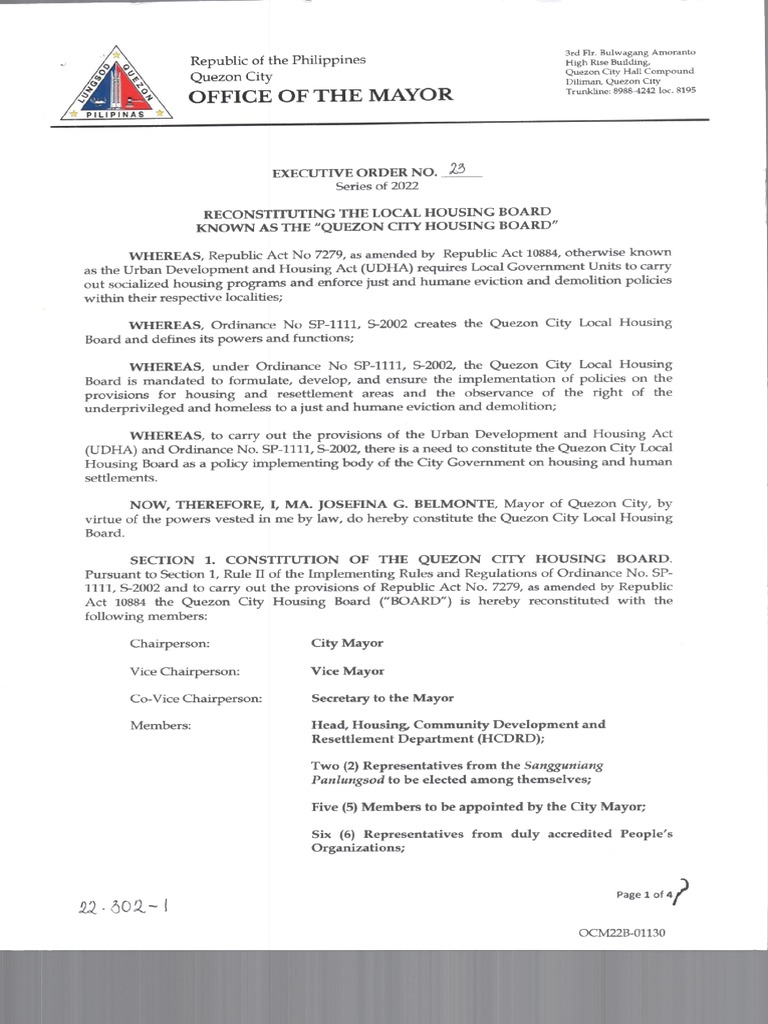 Local Housing Board Executive Order No. 23 Series of 2022 | PDF